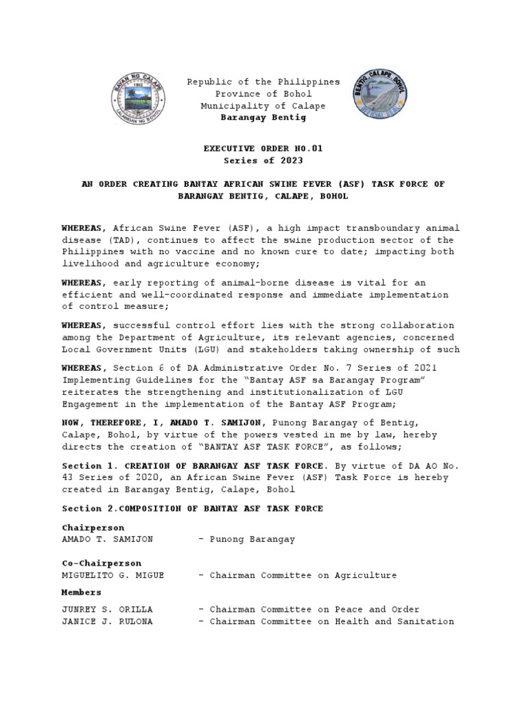Bohol Barangay Creates ASF Task Force | PDF | Social Science | Wellness