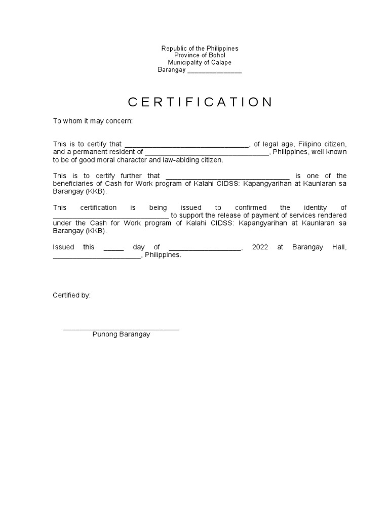 Barangay Certification For No ID | PDF
