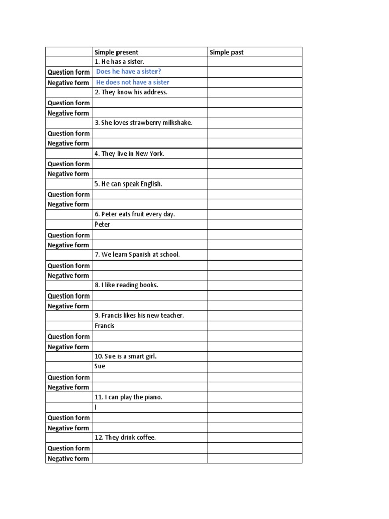 Simple Present & Simple Past Excercise, Aff, Neg and Interr Forms | PDF
