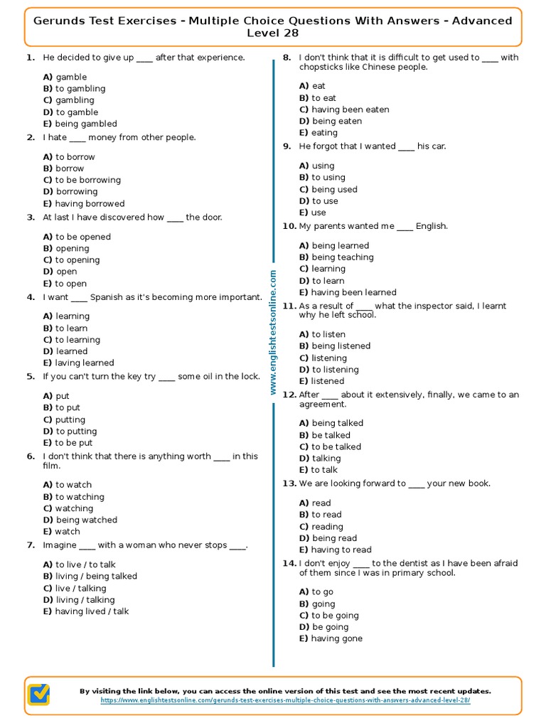 Gerunds Test | PDF | Multiple Choice