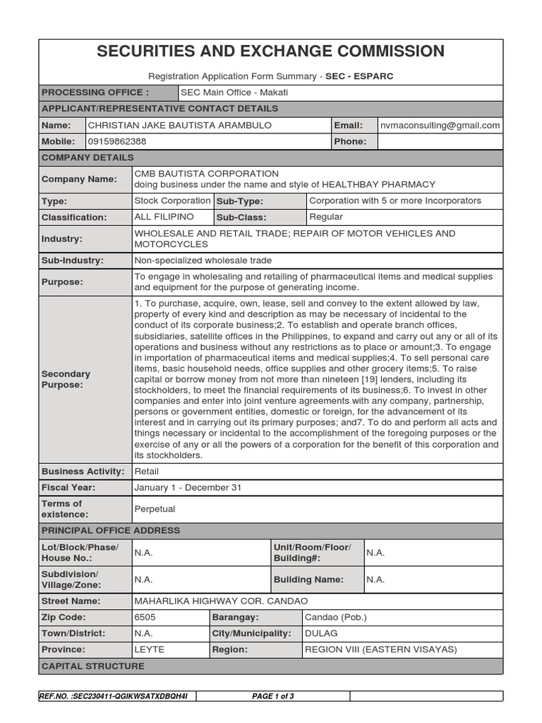 Application Summary Form | PDF | U.S. Securities And Exchange ...