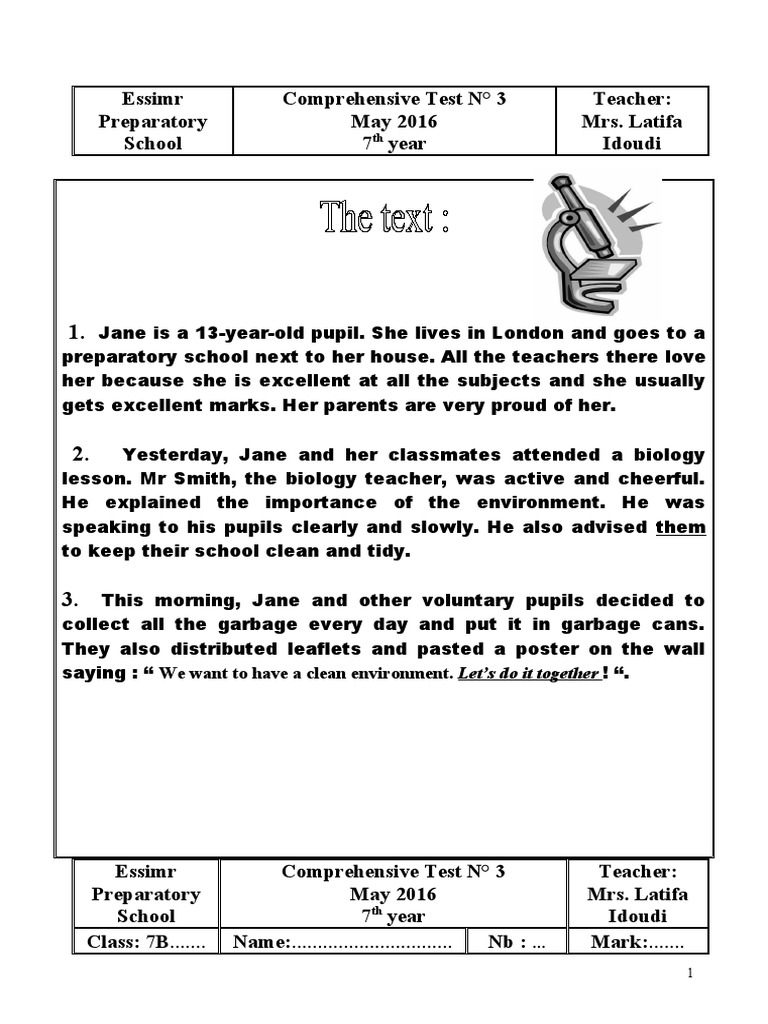 7th Form Comprehensive Test3 | PDF | Ellipsis