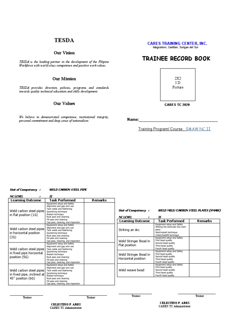 Trainees Record Book NCII | PDF | Welding | Construction Trainees Record Book NCII | PDF | Welding | Construction