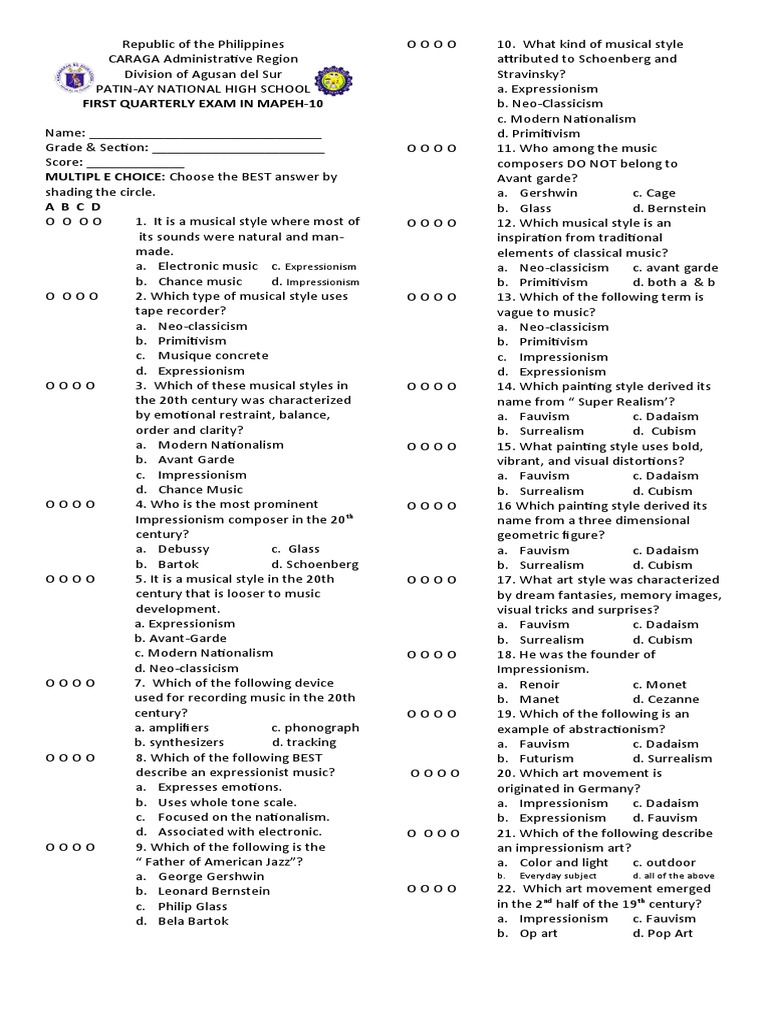 Mapeh 10 1ST Grading Exam 2019 | PDF | Expressionism | Impressionism