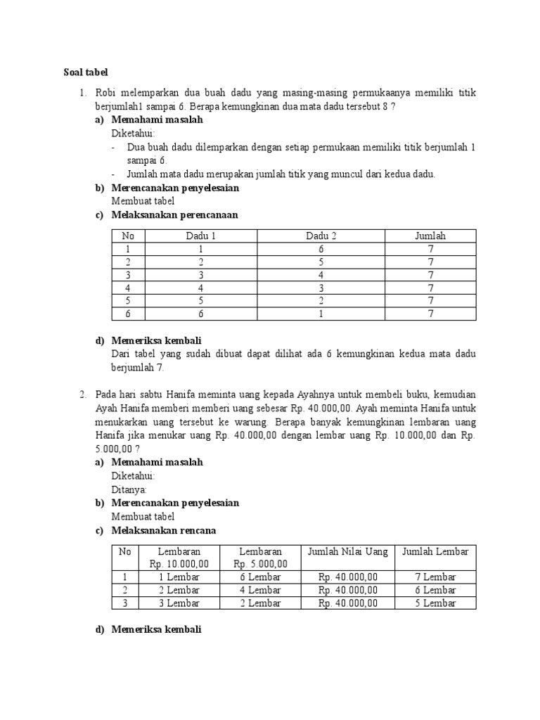 Soal Tabel Kemungkinan Dadu dan Uang | PDF