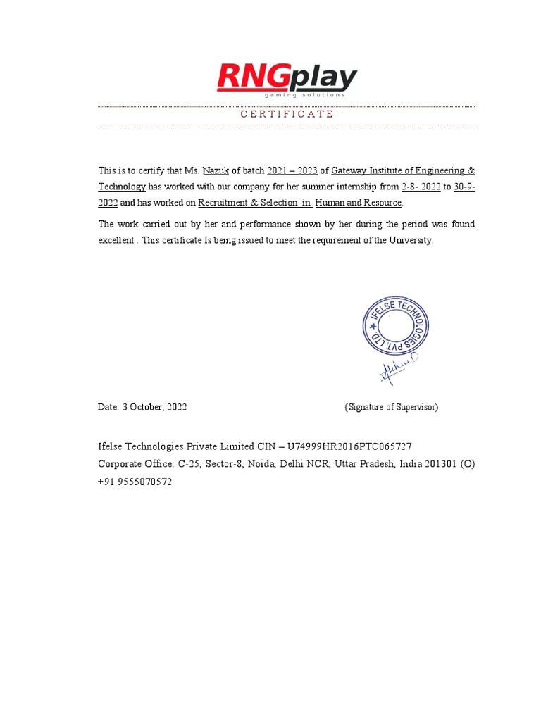 Certificate + Table of Content N | PDF | Career & Growth