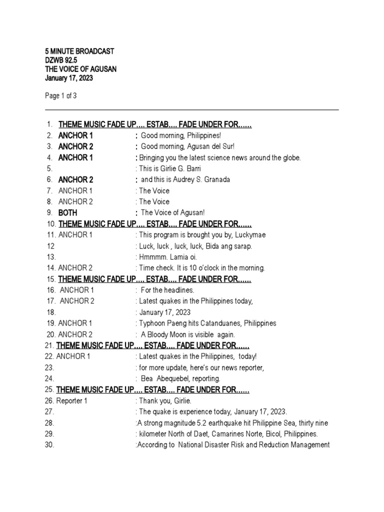 Sample Radiobroadcasting Script | PDF | Typhoon | Meteorology