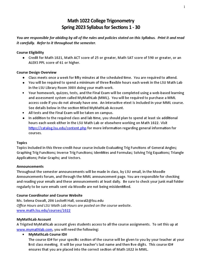 LSU Math 1022 Spring 2023 Syllabus | PDF | Quiz | Homework