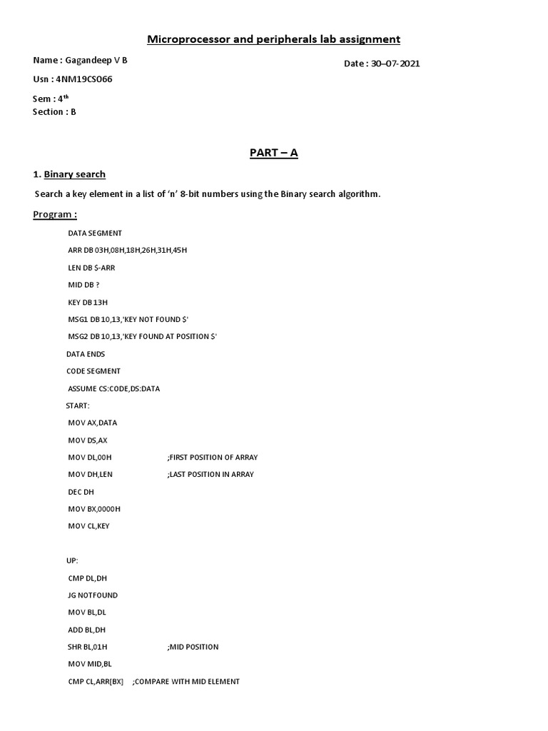 Microprocessor and Peripherals Lab Assignment: 1. Binary Search | Download Free PDF | Software ...