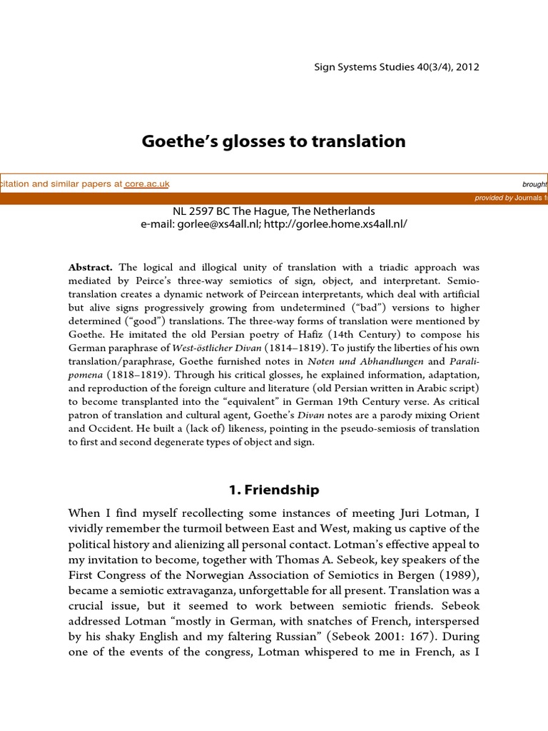 Goethe's Glosses To Translation | PDF | Semiotics | Translations
