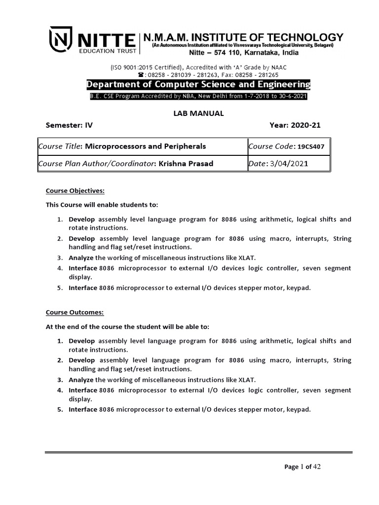 Microprocessors Lab Manual for CSE Students | PDF | Computer Program | Programming
