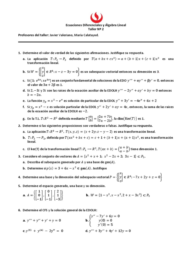 Taller N°2 PC2 | PDF | Mapa lineal | Base (álgebra lineal)