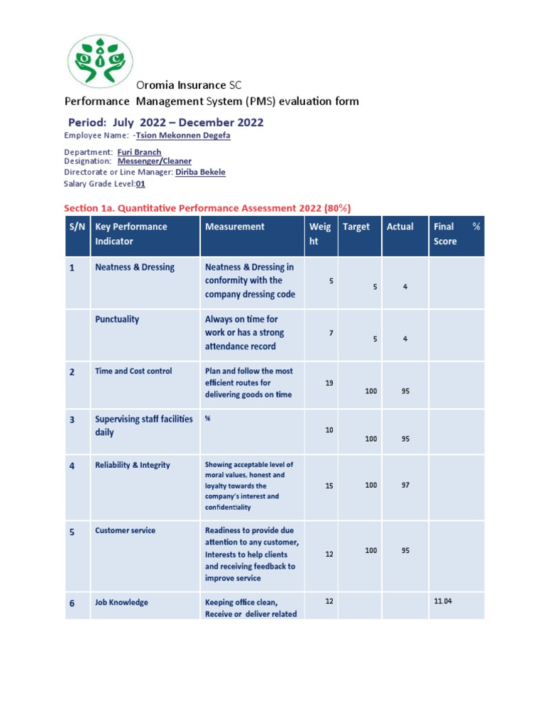 Sample For PMS (2) Tsion | PDF | Performance Indicator | Performance ...