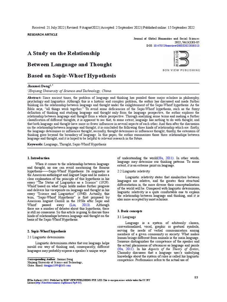 A Study On The Relationship Between Language and Thought Based On Sapir ...
