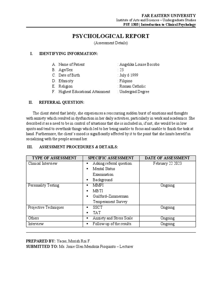 Psy 1303 - Psychological Report Assessment Details | PDF | Psychology ...