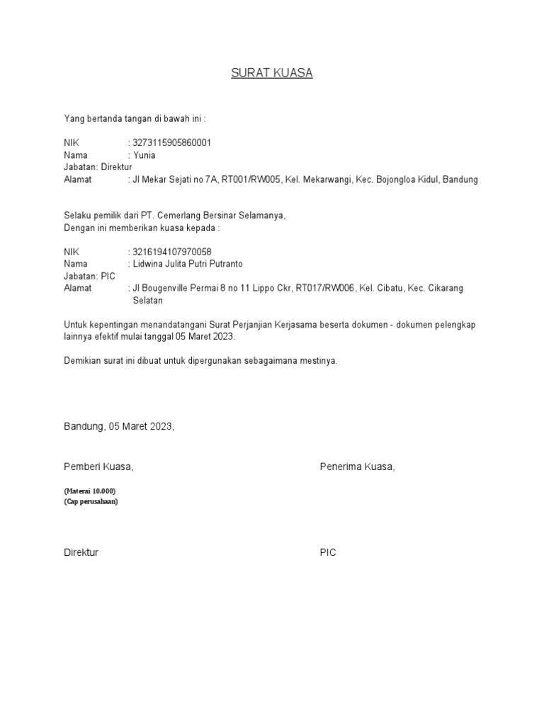 Surat Kuasa Penunjukan PIC | PDF