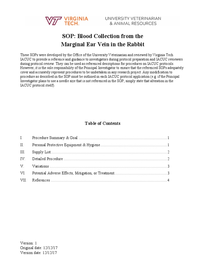 Sop Rabbit Blood Collection Marginal Ear Vein | PDF | Anesthesia ...