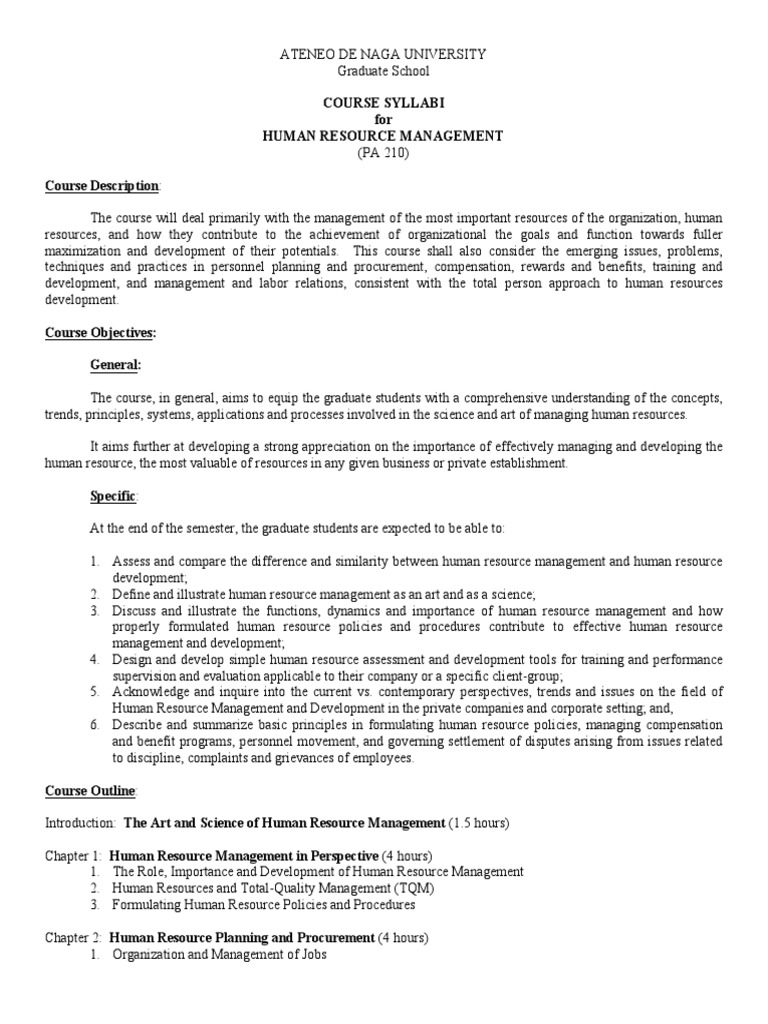 GS Course Outline On HRM, Updated, Reduced, JULY 2014 | PDF ...