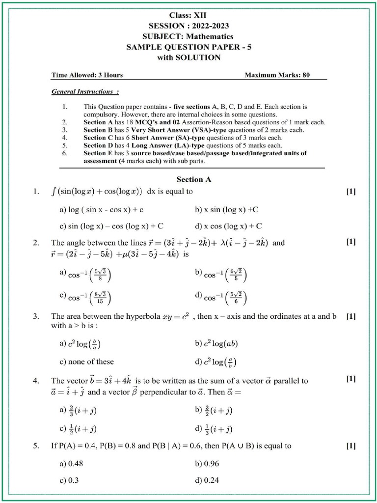 Class 12 Sample Paper 5 | PDF