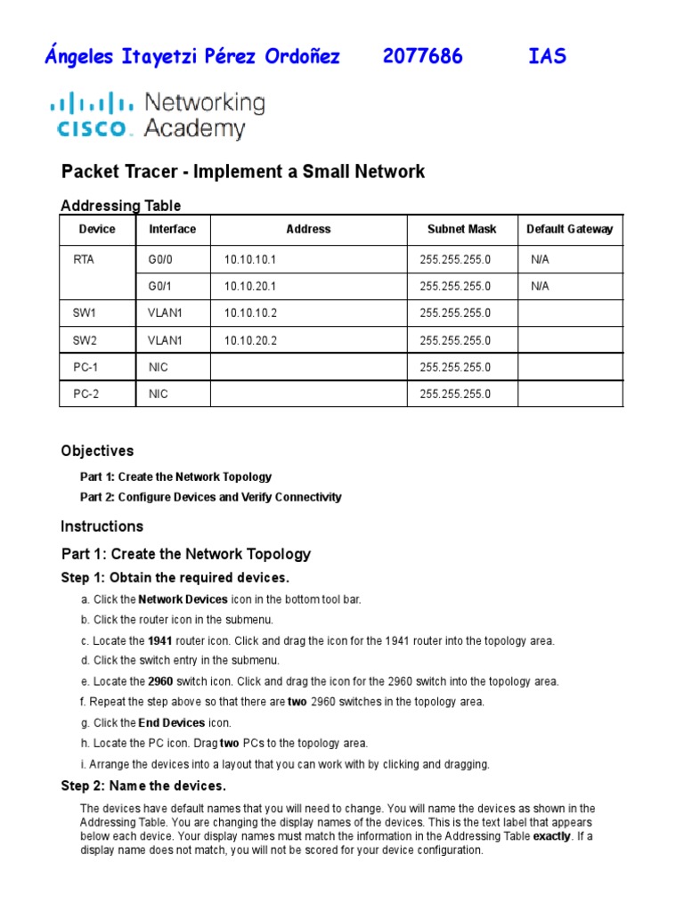 1.6.1 Packet Tracer - Implement A Small Network | PDF | Network Topology | Router (Computing)