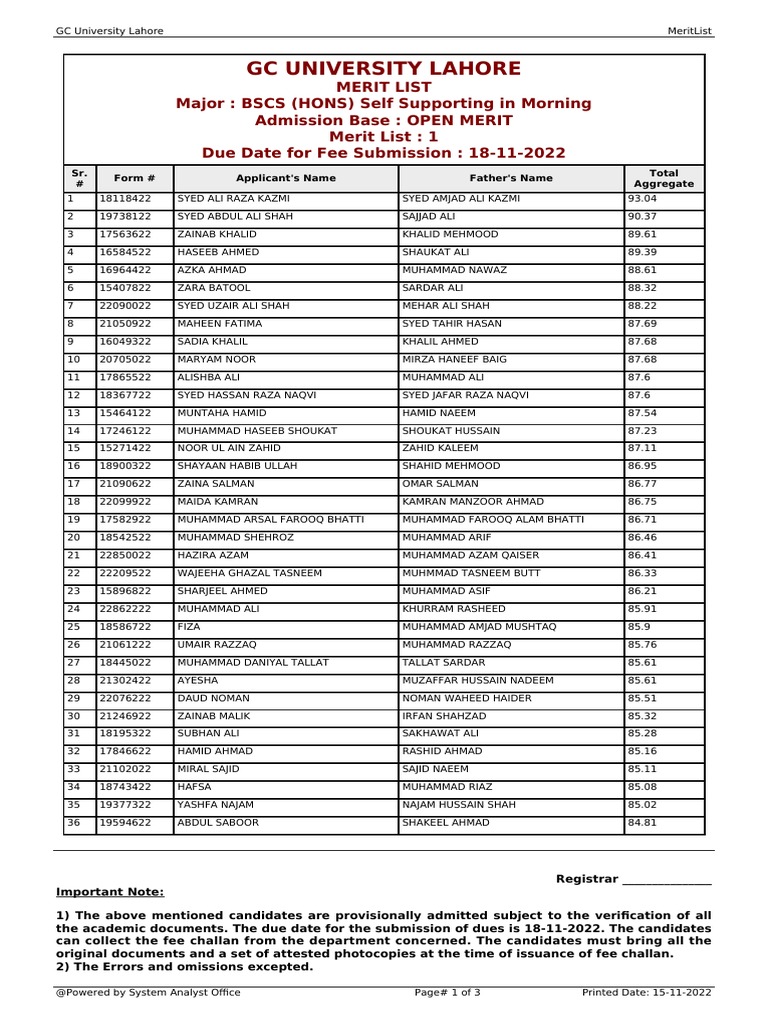 1st Merit List BSCS Self Supporting Morning 2022 | PDF