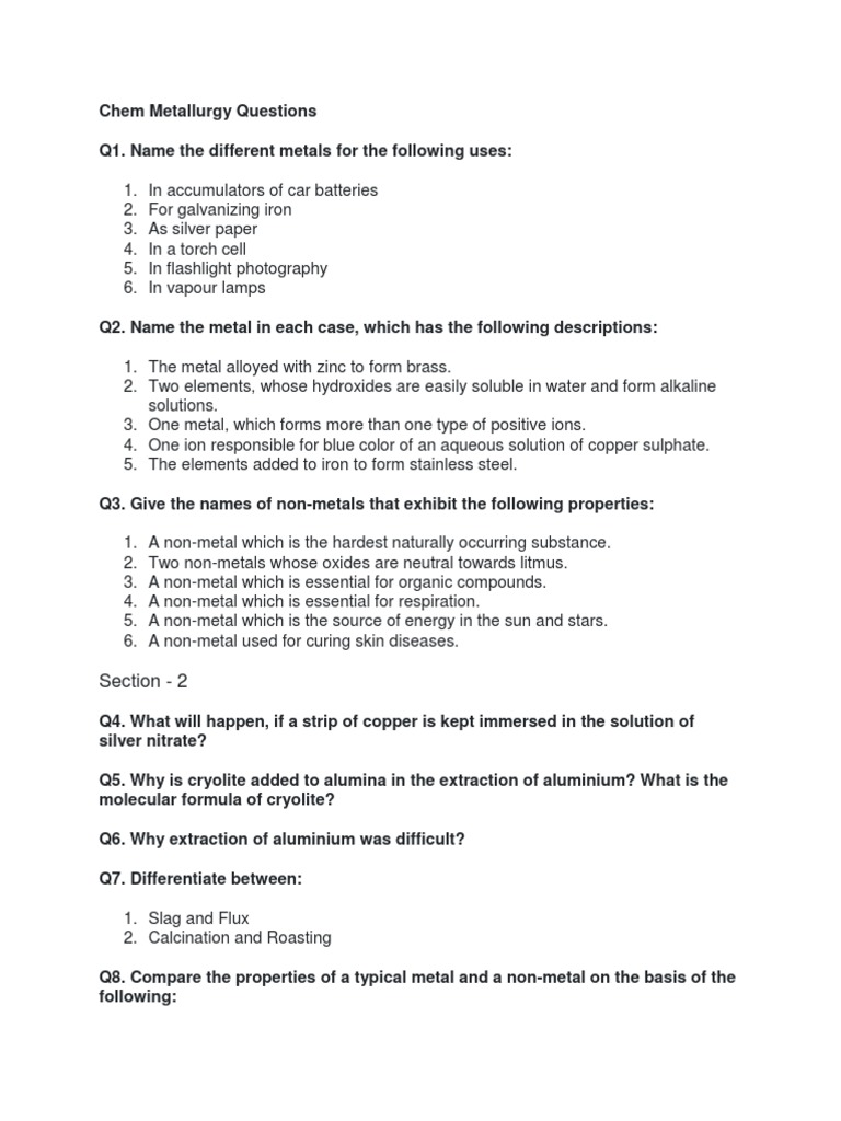 Chem Metallurgy Questions | PDF | Iron | Oxide