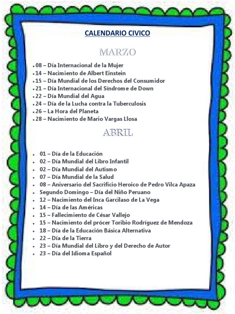 CALENDARIO CIVICO DE MARZO -ABRIL | PDF | Perú