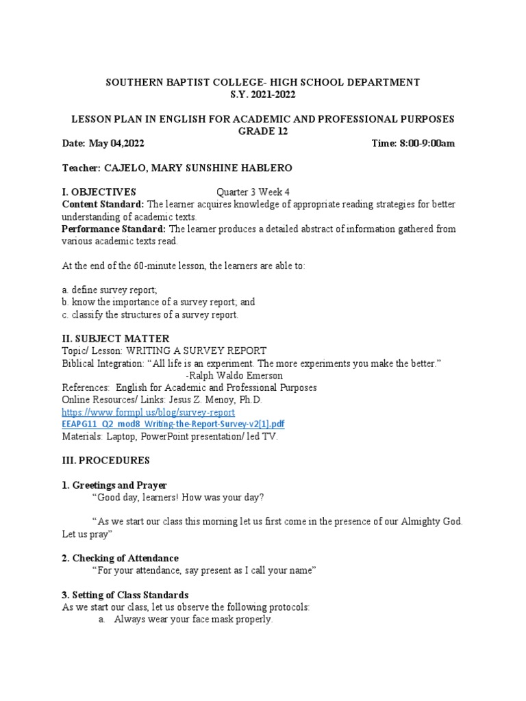 Grade 12 Survey Report Lesson Plan | PDF | Survey Methodology | Argument