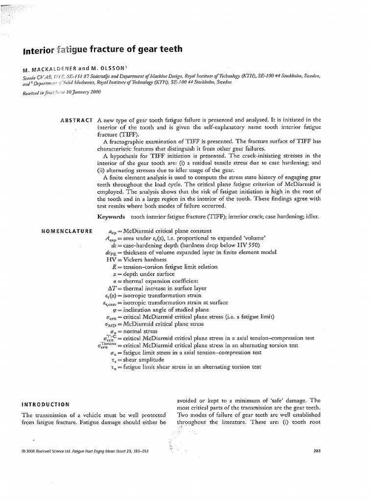 KTH, Mackaldener & Olsson, Interior Fatigue Fracture of Gear Teeth ...