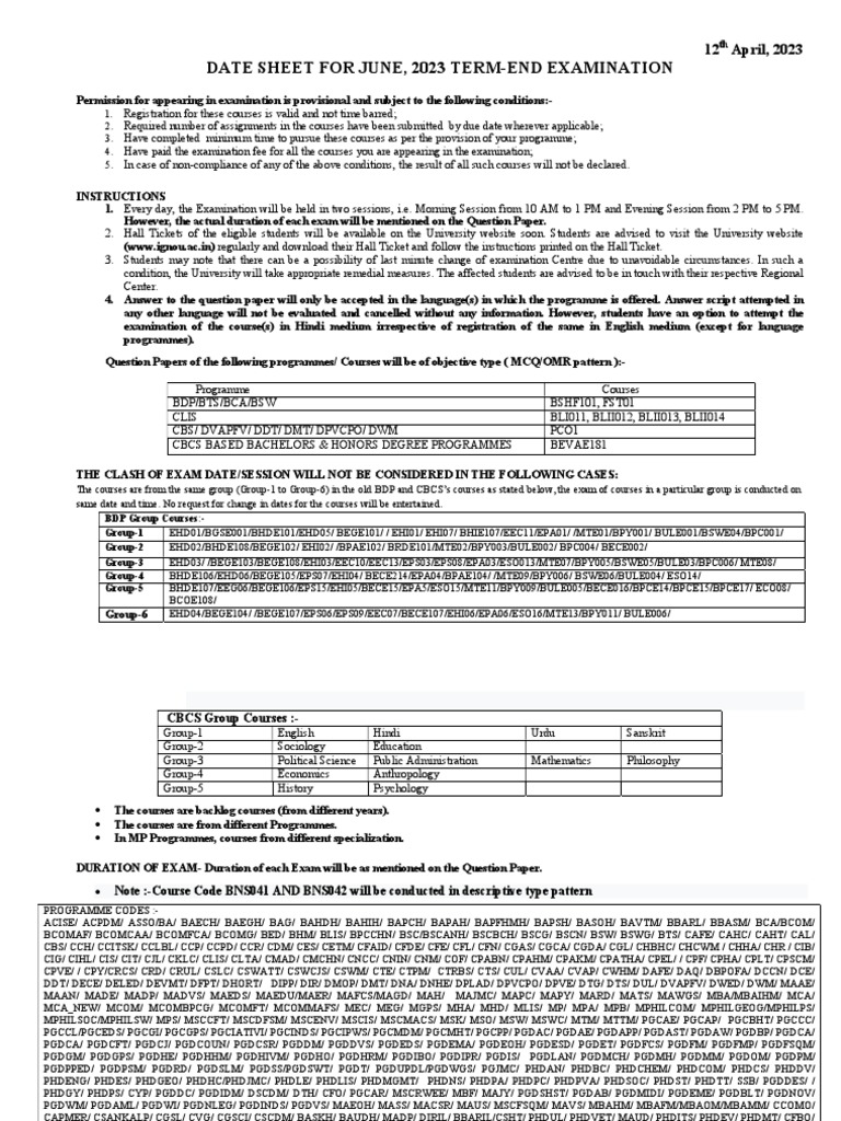 Ignou June 2023 Exam Datesheet | PDF | Science | Cognitive Science