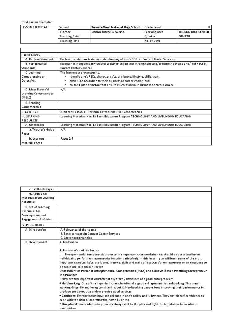 IDEA Lesson Exemplar | PDF | Entrepreneurship | Learning
