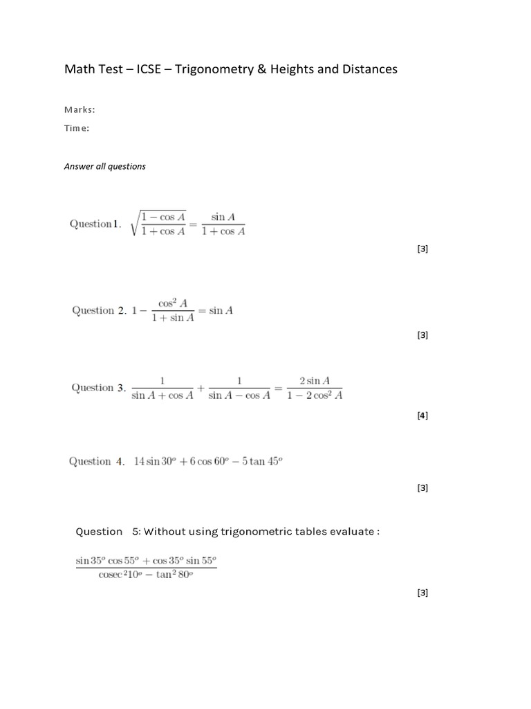 Trigonometry Test for Class 10 | PDF