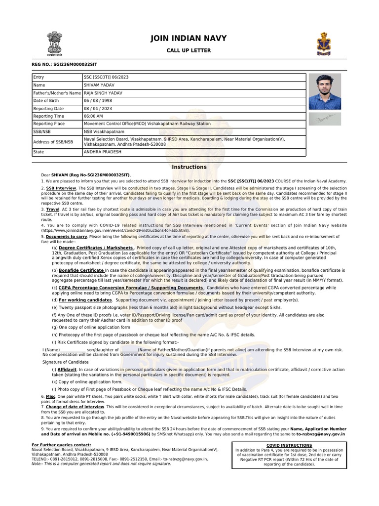 Admitcard-NSB Visakhapatnam-SGI236M000032 | PDF