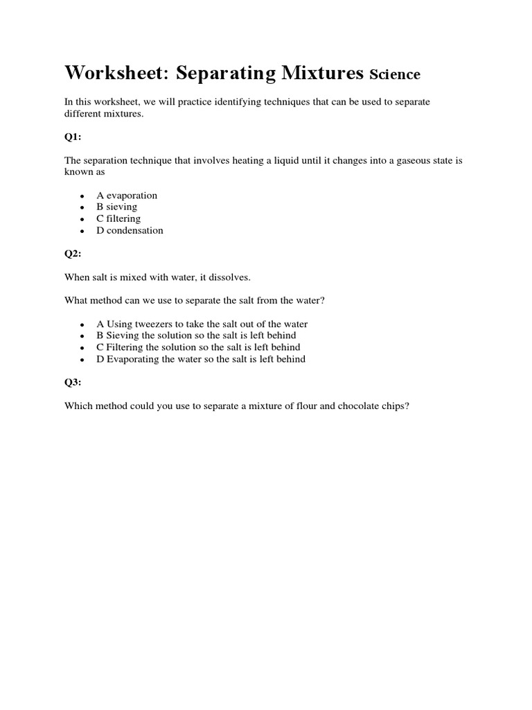 Separating Mixtures Worksheet | PDF | Cooking, Food & Wine | Art