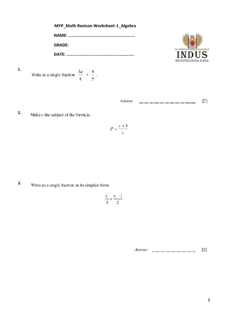 Algebra Revision Worksheet 1 Pdf