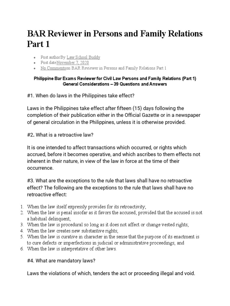 BAR Reviewer in Persons and Family Relations Part 1 | PDF | Justice ...