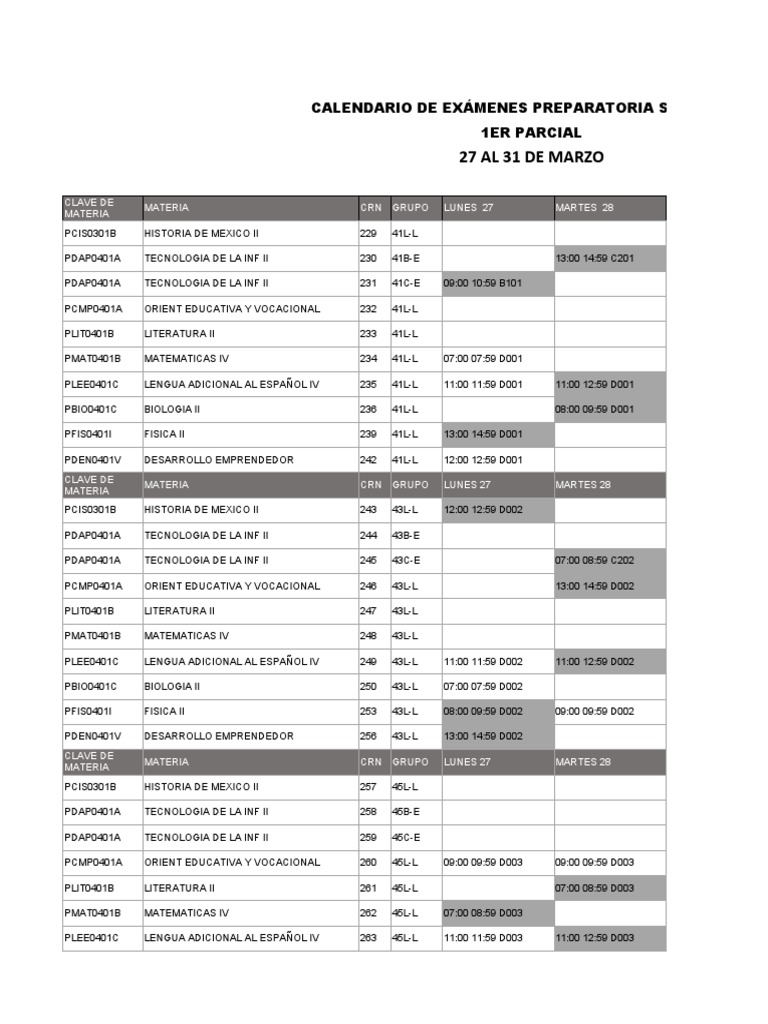 Calendario de Exámenes 4to Semestre | PDF