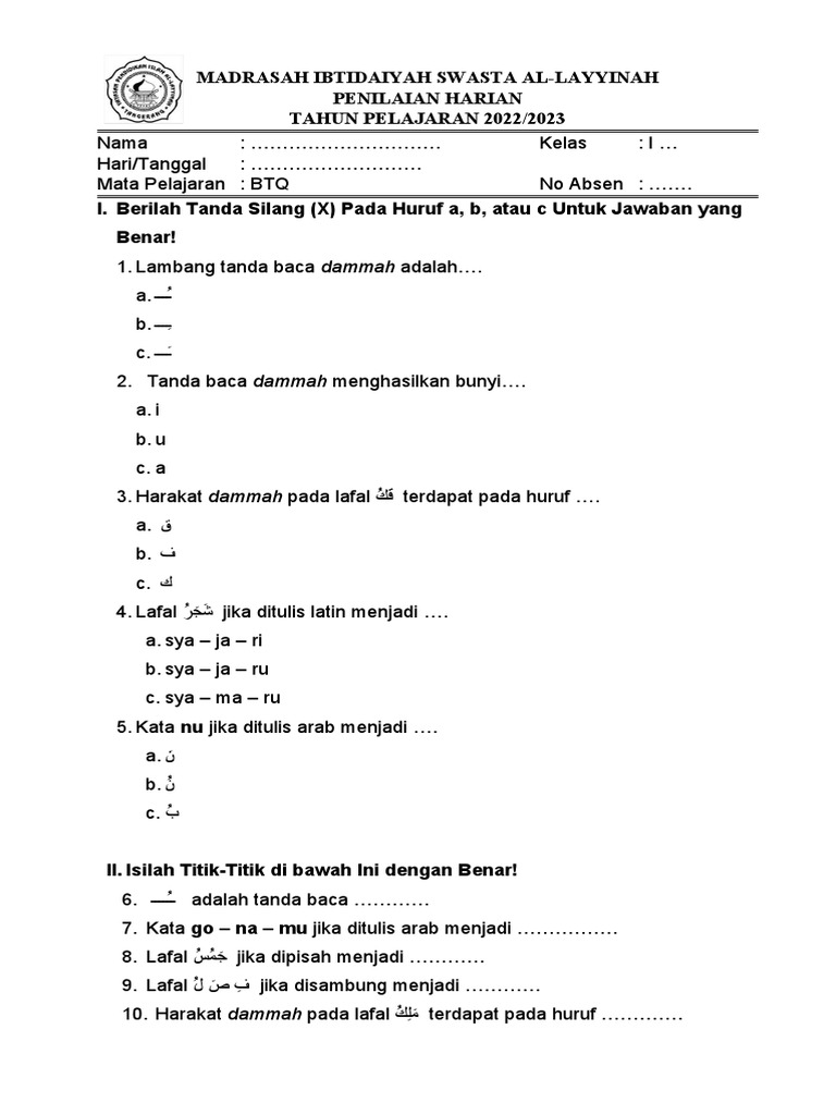 PH BTQ Kelas 1 2223 - Dhommah | PDF