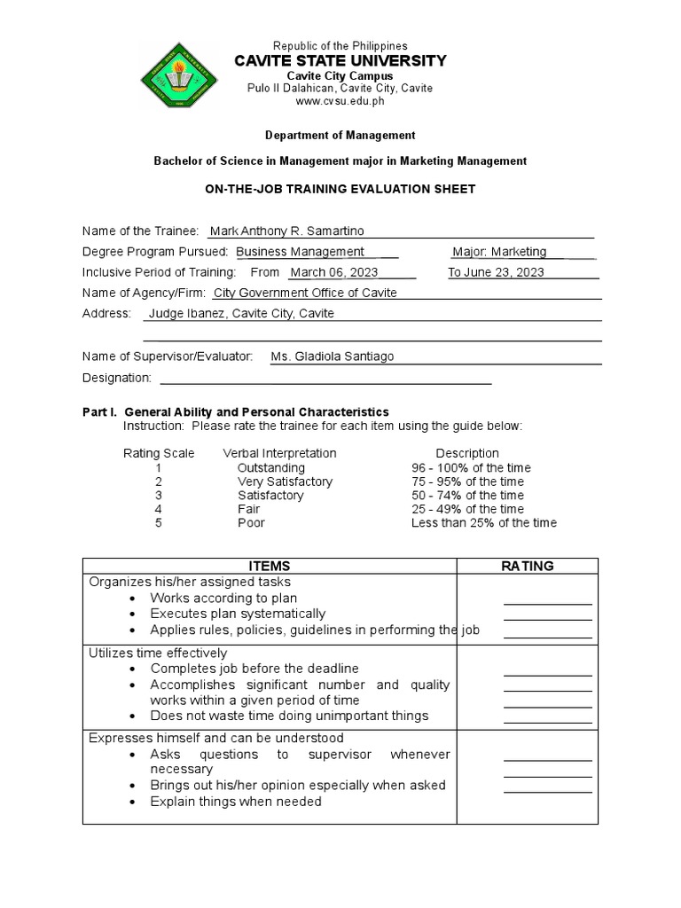 CvSU WFH OJT Performance Evaluation | PDF | Skill | Science