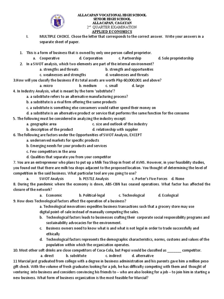 Grade 12 Applied Economics Exam Q2 | PDF | Swot Analysis | Outsourcing