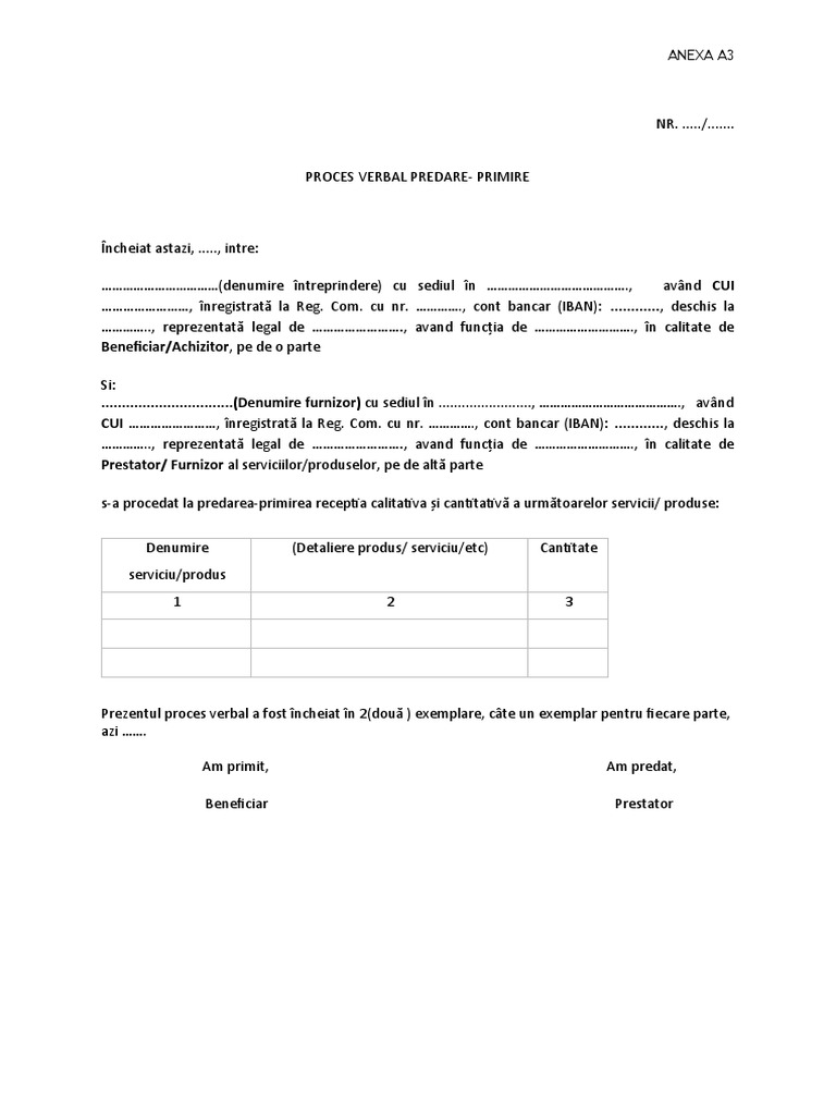 Anexa A3 - Proces Verbal Predare-Primire | PDF