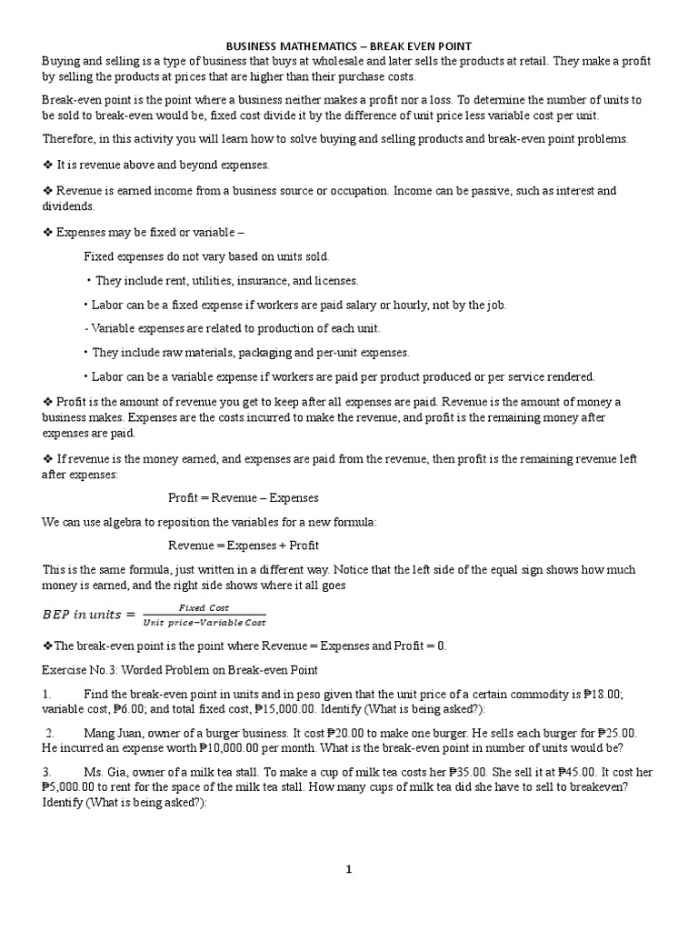 Break Even Point Pdf Business Economics Business