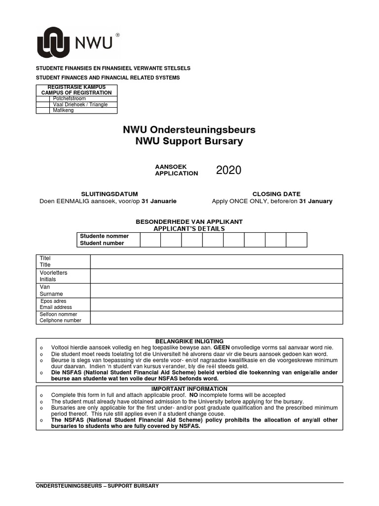 NWU Ondersteuningsbeurs NWU Support Bursary: Aansoek Application | PDF
