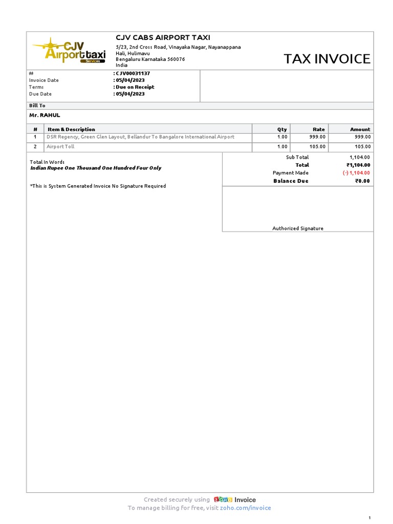 Bangalore Airport Taxi Invoice | PDF