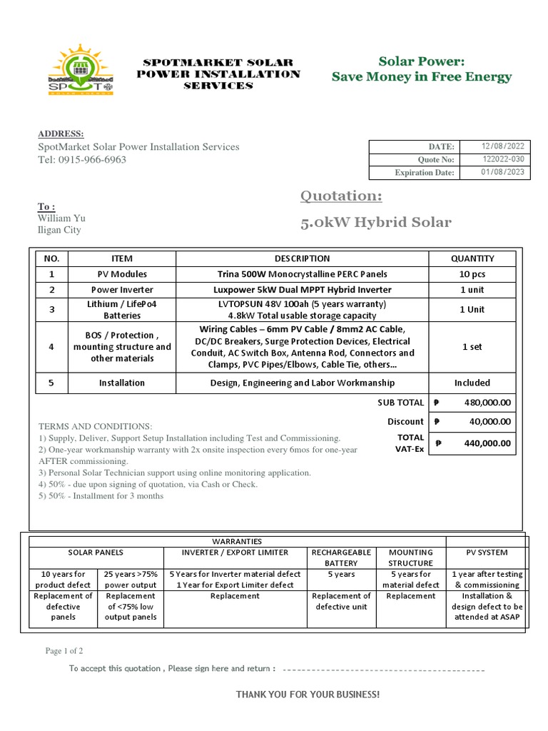 5kW Hybrid Solar PV Quotation 122022 030 William Yu | PDF | Solar Panel ...