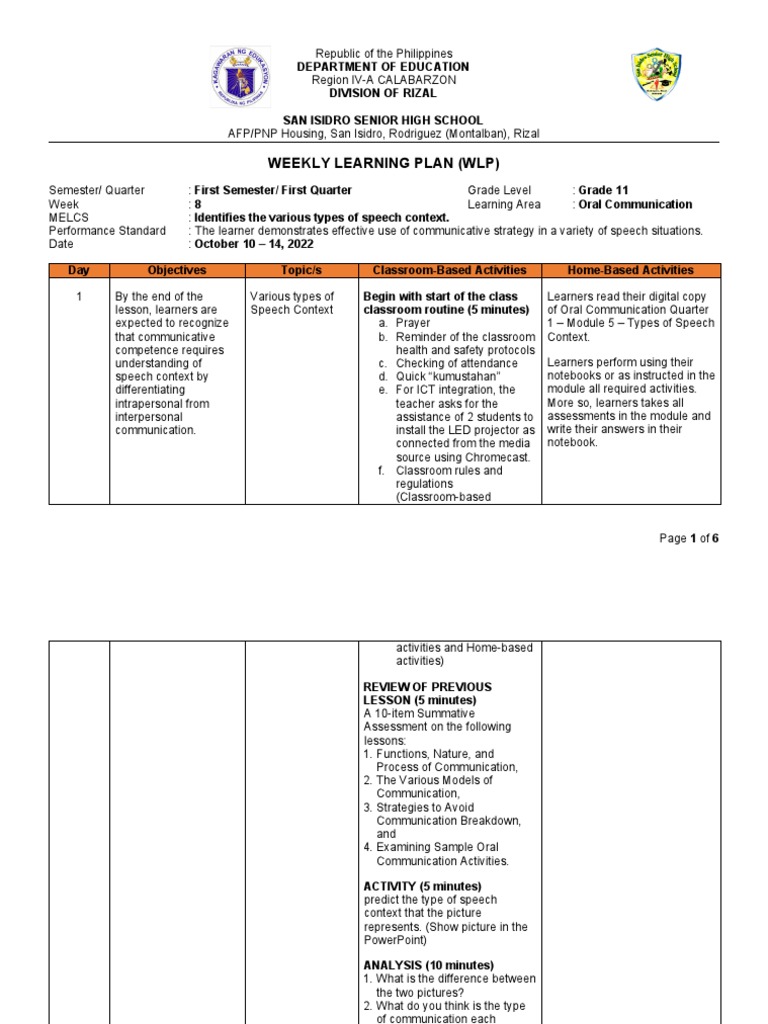 Weekly Learning Plan (WLP) : Department of Education Division of Rizal ...