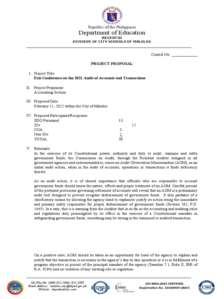 Project Proposal Exit Conference On The 2021 Audit of Accounts and ...
