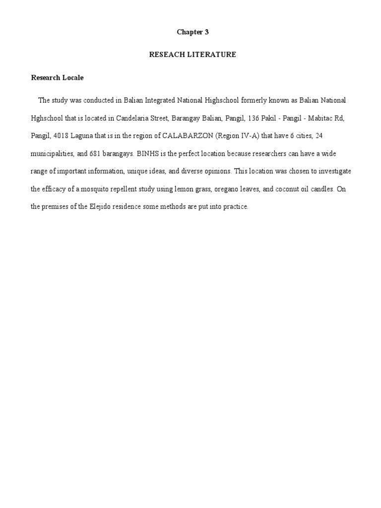 Reseach Literature Research Locale The Study Was Conducted In Balian