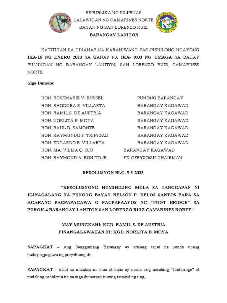 Res. No. 9-2023 Construction of Foot Bridge | PDF
