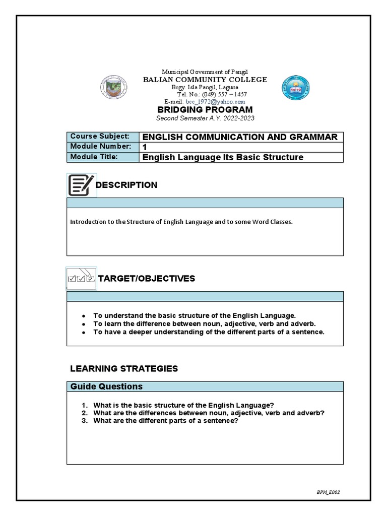 Eng2 Mod1 | PDF | Word | Part Of Speech